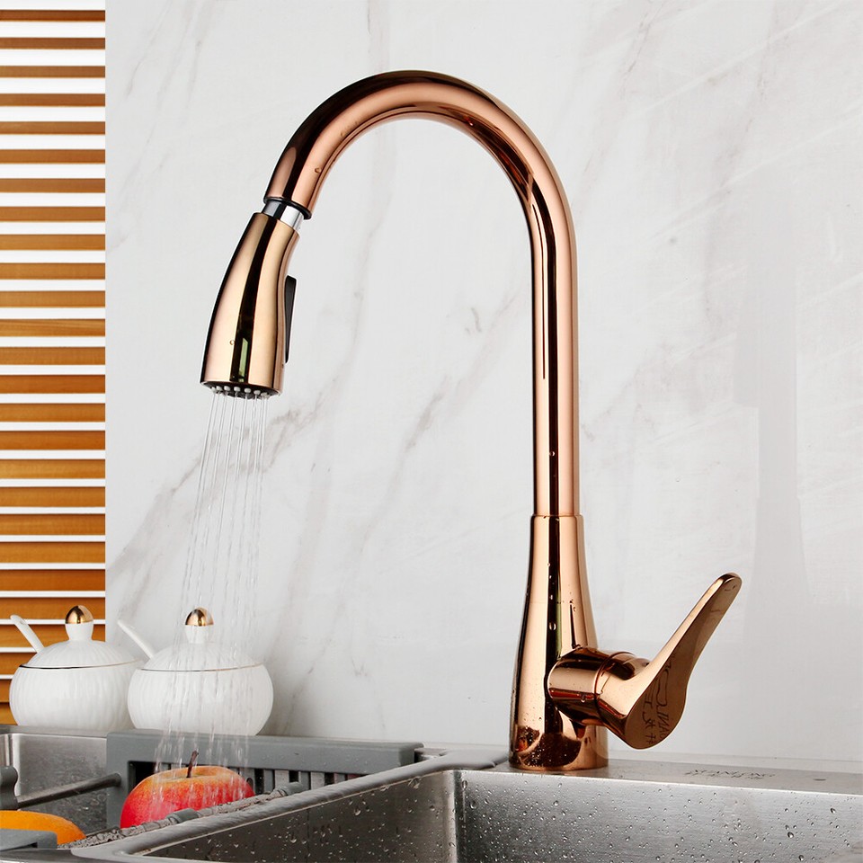 Rose Gold Pull Out&Swivel Spout Kitchen Faucet Single Handle&Hole Sink ...