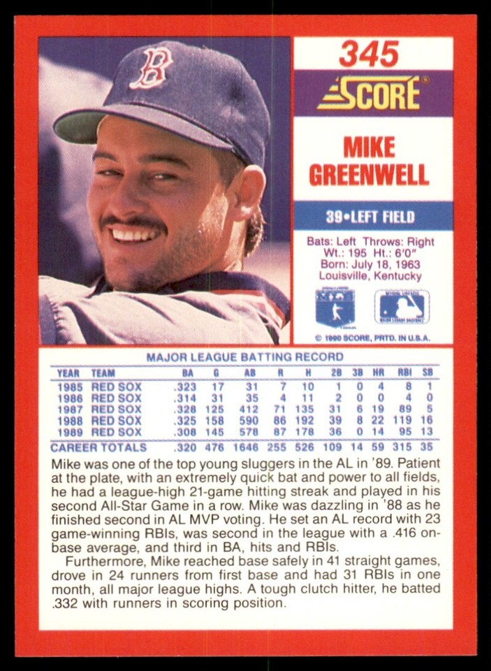 1990 Score Mike Greenwell Baseball Cards #345 | eBay
