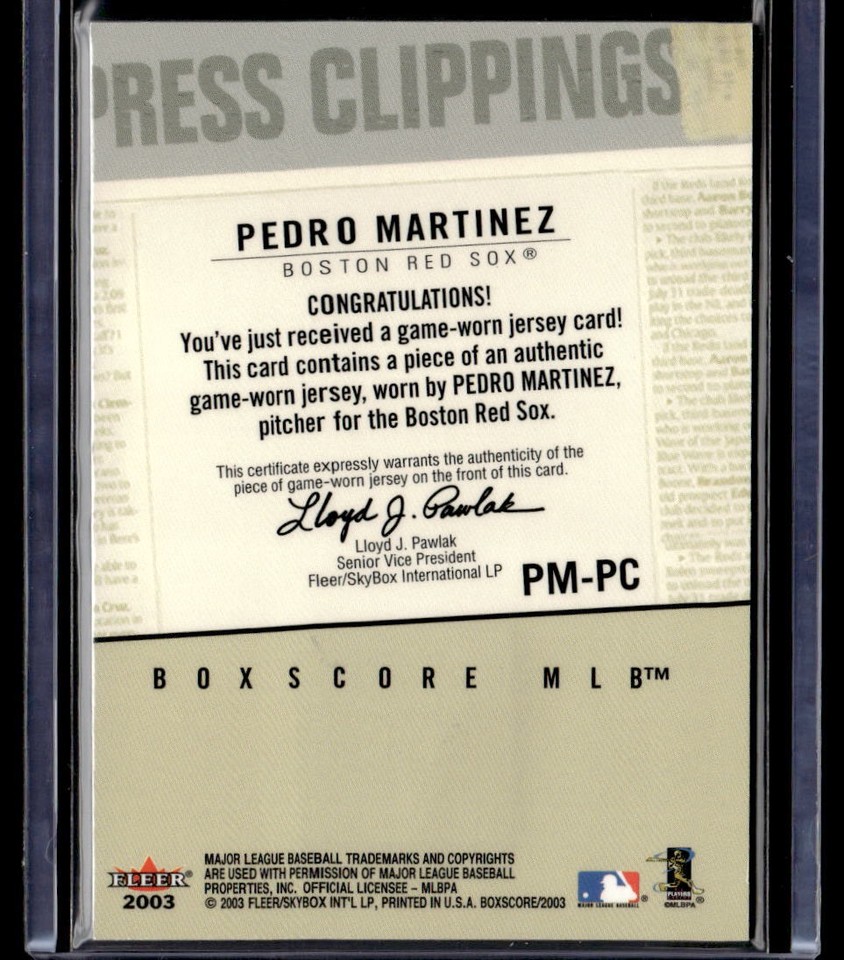 2003 Fleer Box Score #PM-PC Pedro Martinez Press Clippings Game Worn ...