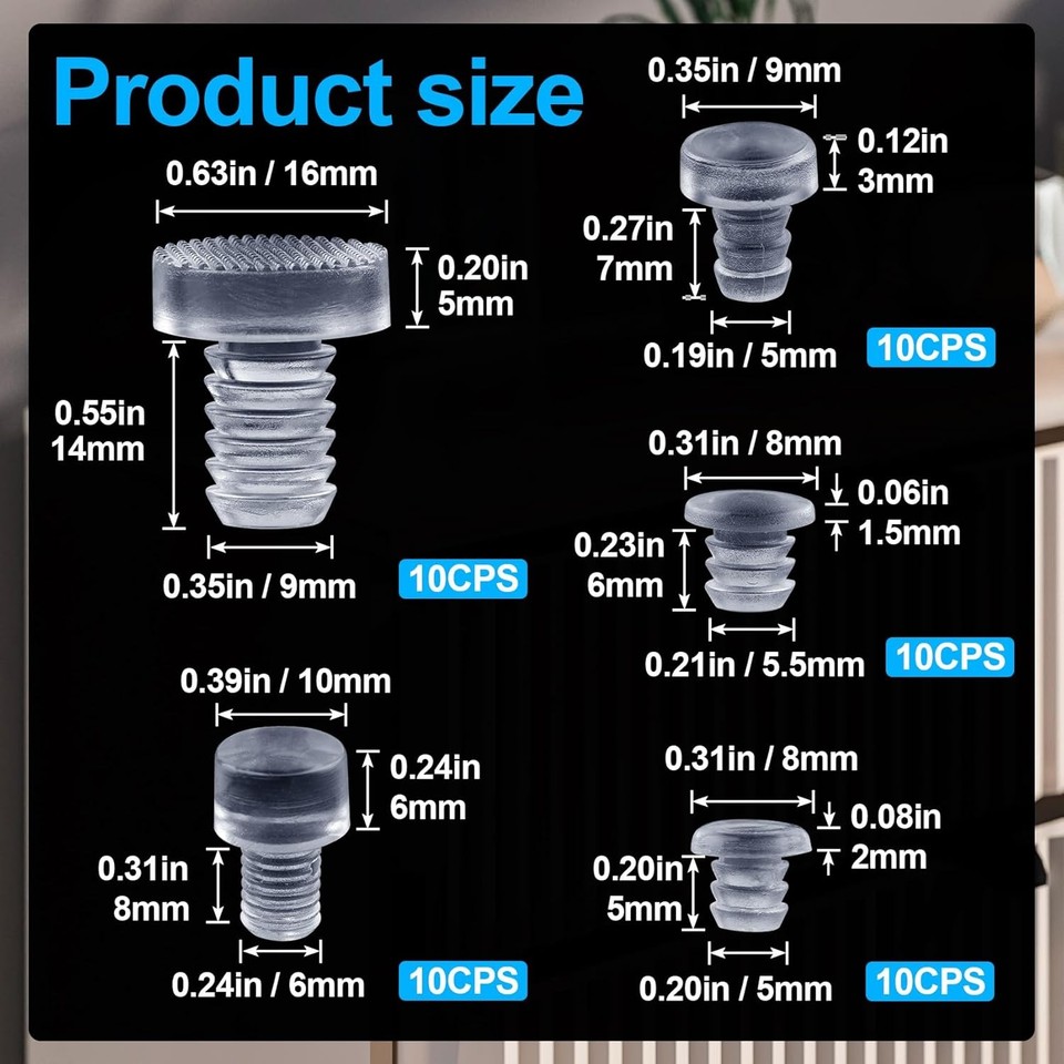 50 Pcs Glass Top Table Bumpers with Stem 5 Sizes Anti Slip Pads Cabinet ...