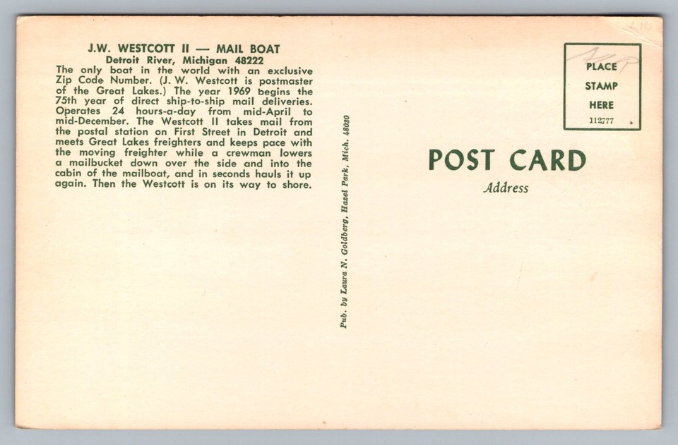 Postcard J.W. Westcott II U.S Mail Boat, Detroit River, Michigan 48222 ...