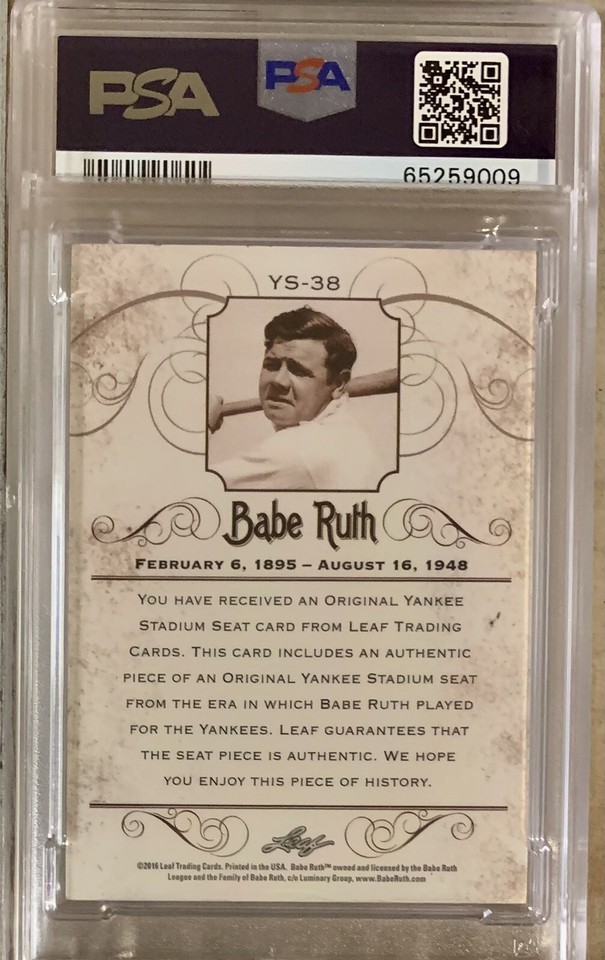 2016 LEAF BABE RUTH COLLECTION YS-38 ORIGINAL YANKEE STADIUM SEAT PSA 5 ...