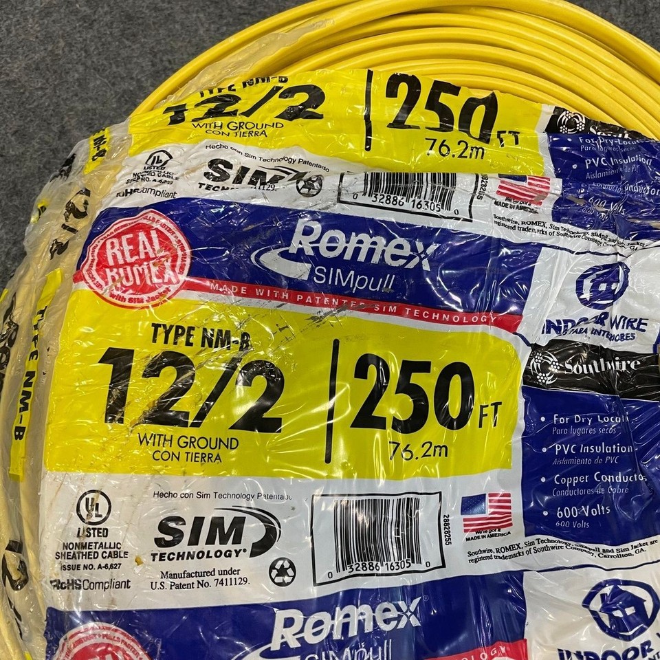 SOUTHWIRE 28828255 Romex Type NM-B Cable, 250ft, 12/2C + Ground, SOL ...