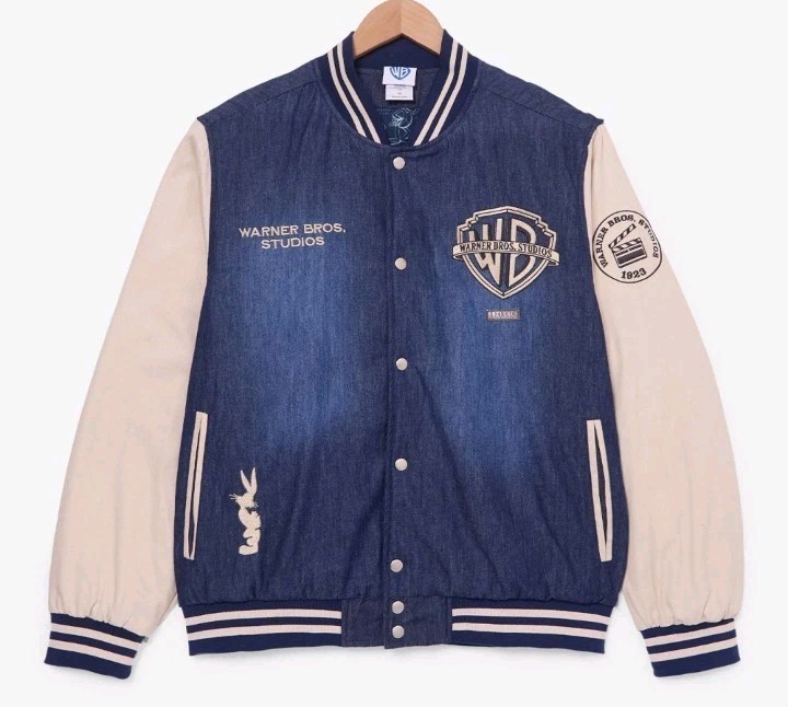 NEW Warner Bros Studio Denim Varsity Jacket Men XL Embroidere Patches ...