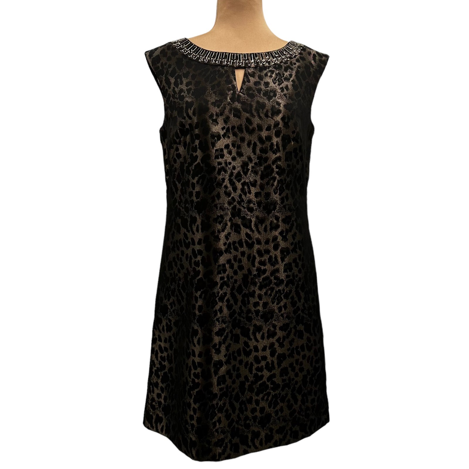 Tahari ASL Mike Leopard Dress Shift Dress Embellished Neckline Black ...