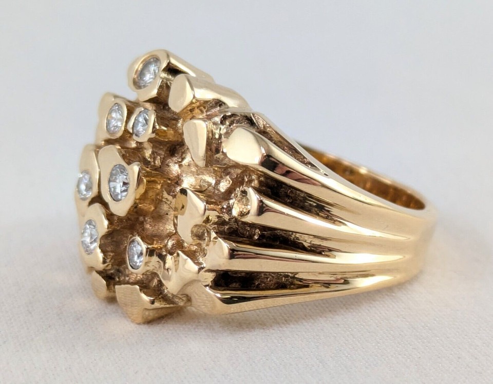 14k Gold Hallmarked Nugget Approximately .36 Ct Diamond Cluster Ring ...