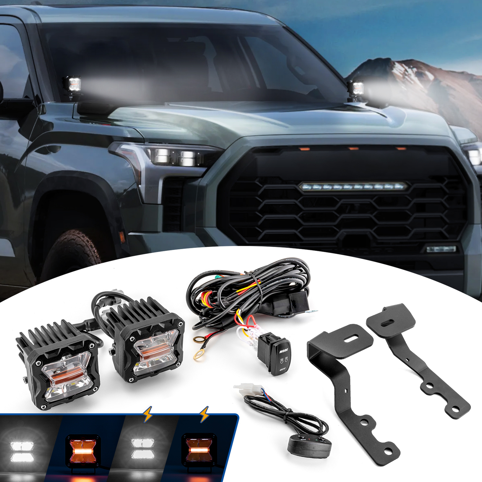 3'' Amber White Strobe Light Ditch Mount DT Wire Kit For Toyota Tundra ...