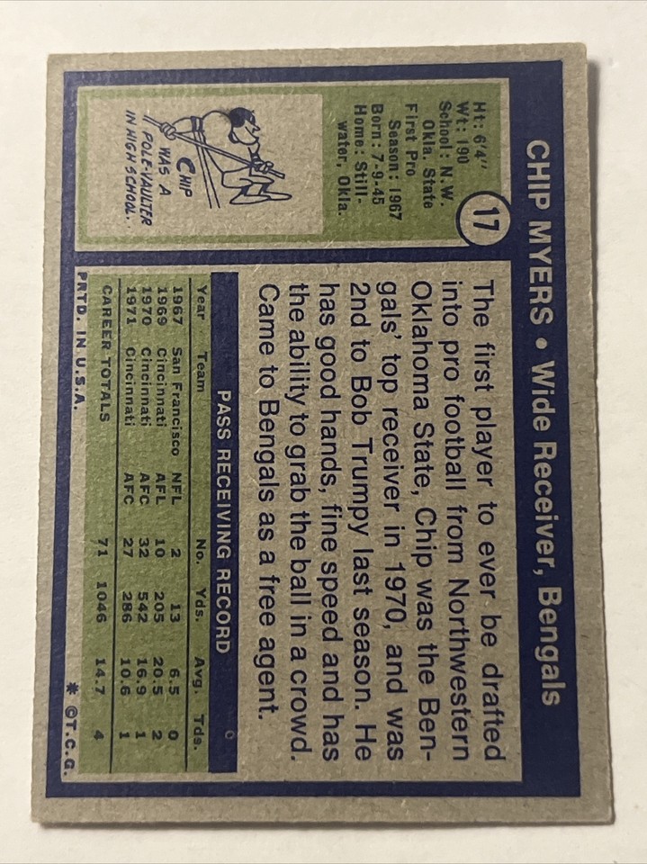 1972 Topps #17 Chip Myers Cincinnati Bengals Football Card Vintage | eBay