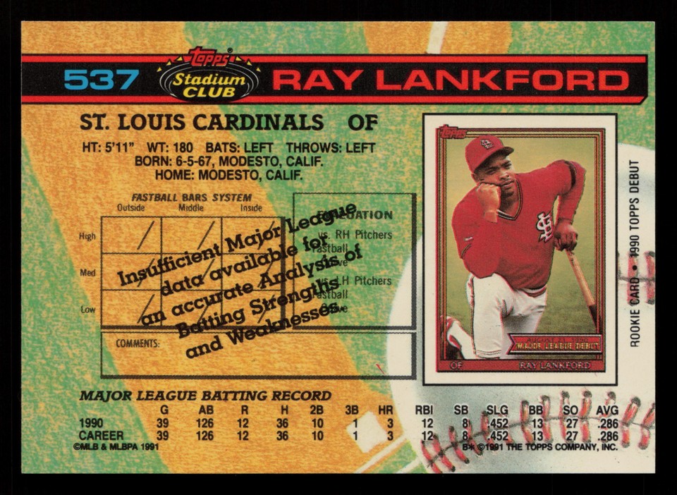 1991 Stadium Club Ray Lankford #537 St. Louis Cardinals Baseball Card ...