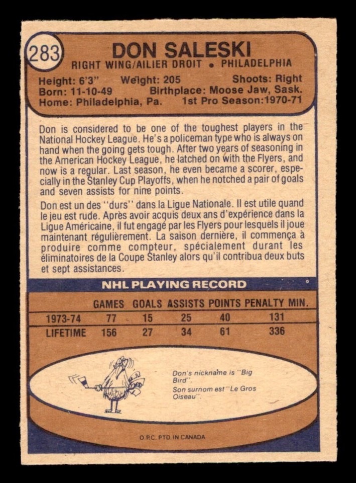 1974 OPC O-Pee-Chee Hockey #283 Don Saleski EX/MT | eBay