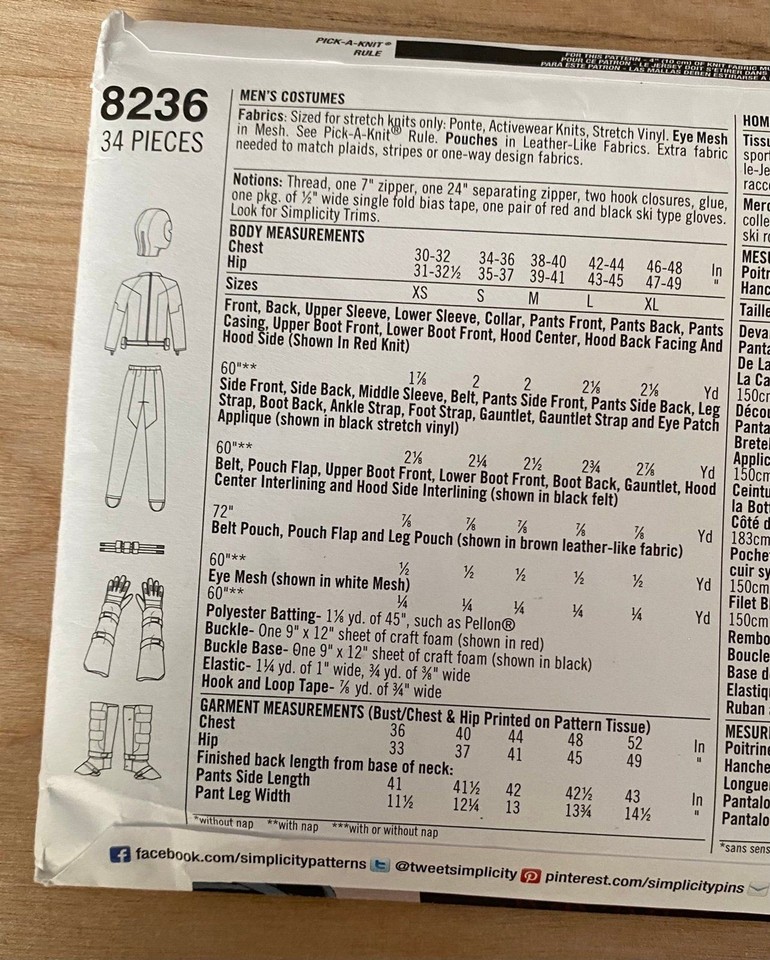 Simplicity Marvel Deadpool Pattern #8236 Men's Costume Size XS-XL UNCUT ...