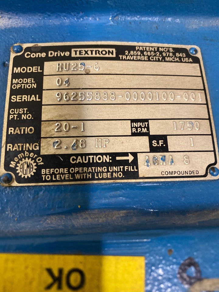 TEXTRON CONE DRIVE HU25-6 Ratio 20:1 1750rpm 2.48hp Warranty | eBay