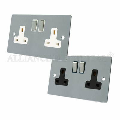 Brushed Matt Satin Chrome Flat Socket 2 Gang - 13 Amp Double Plug ...