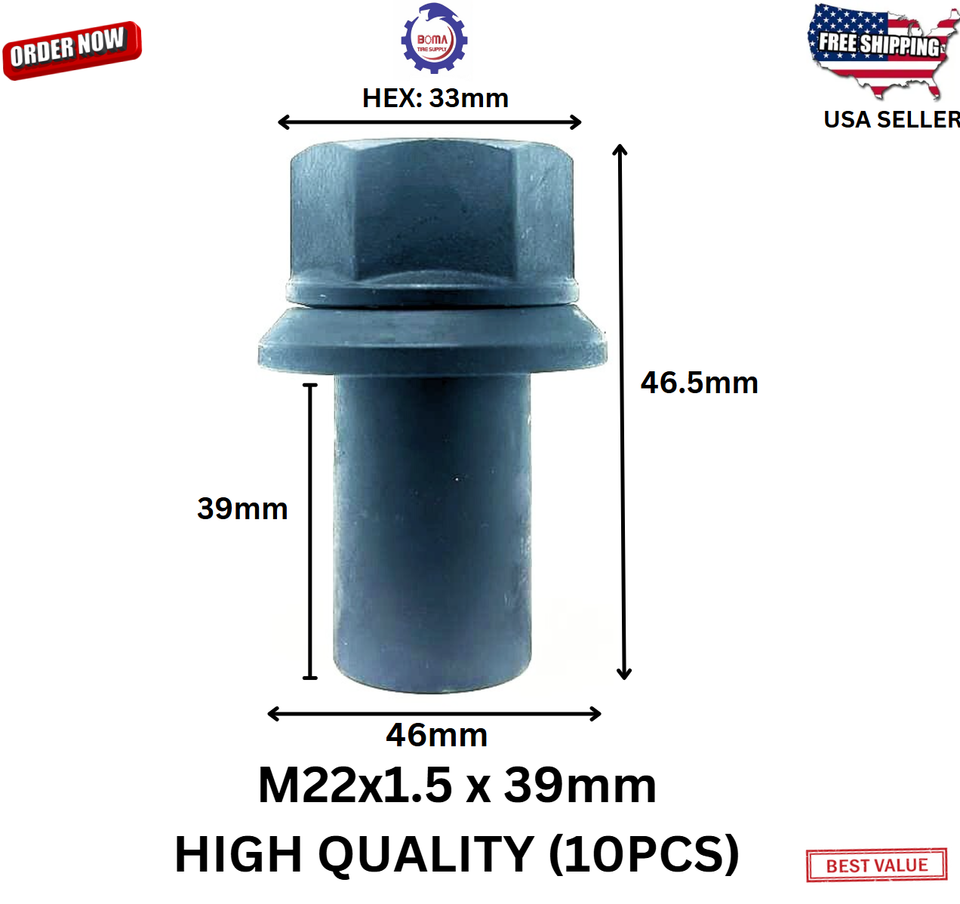 10 Pack 33mm M22-1.5 x 39mm Sleeve Wheel Lug Nut M22-1.5x39mm Skirt ...