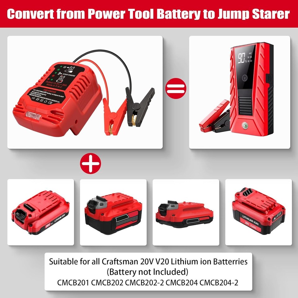 Jumper Cables Jump Charger for Craftsman 20V V-20 Battery 11AWG 30A ...