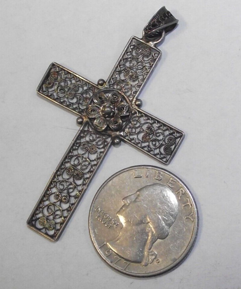 Antique Vtg 4g 800 silver open work filigree religious floral cross ...