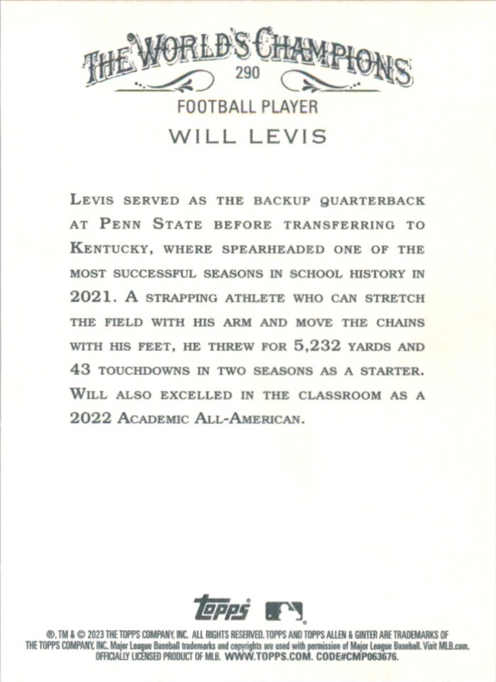 2023 Topps Allen & Ginter Will Levis Football Player #290 | eBay