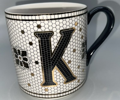 Anthropologie K Monogram Coffee Mug Margot Tile Bistro White Black Gold ...