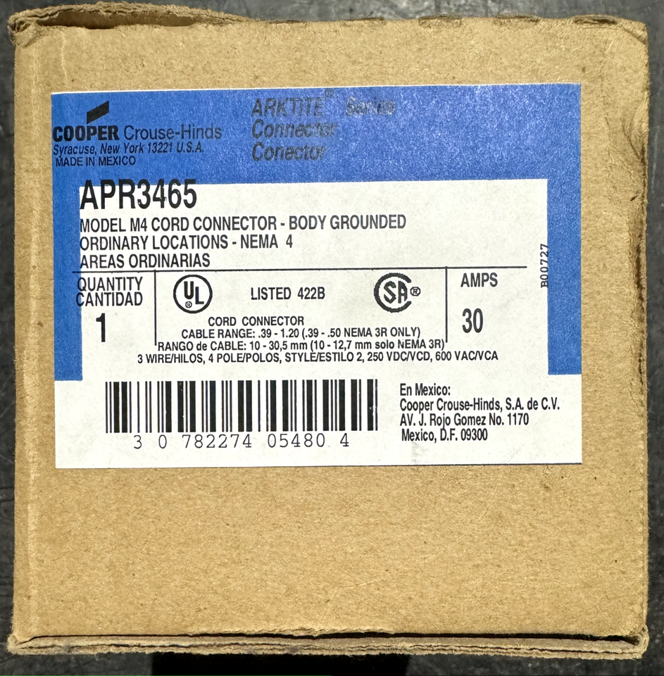 GENUINE Eaton Crouse-Hinds APR3465 600 VAC/250 VDC 30Amp 4Pole 3Wire ...