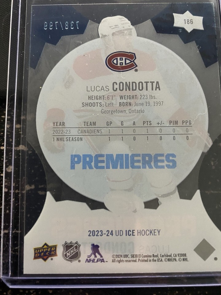 2023-24 Upper Deck Ice - Ice Premieres Lucas Condotta #186 Blue 738/799 ...