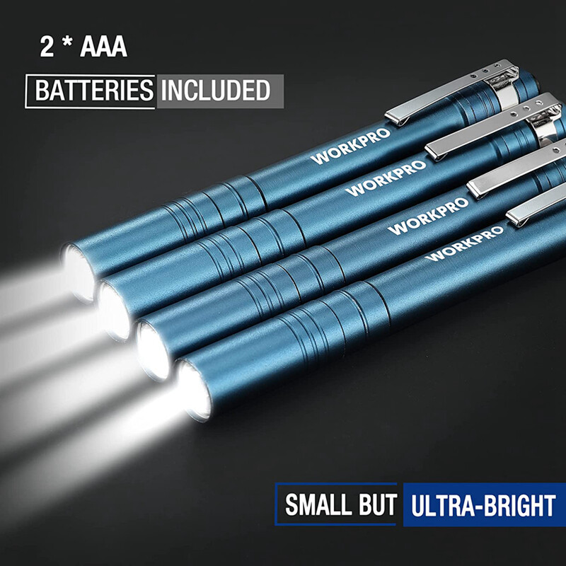 WORKPRO 4PC LED Pen Light Set Aluminum Handheld Pocket Torch Penlight ...