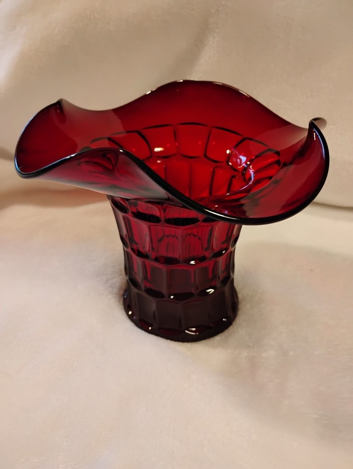 Rare New Martinsville Viking Ruby Glass Ruffled Vase Hostmaster | eBay
