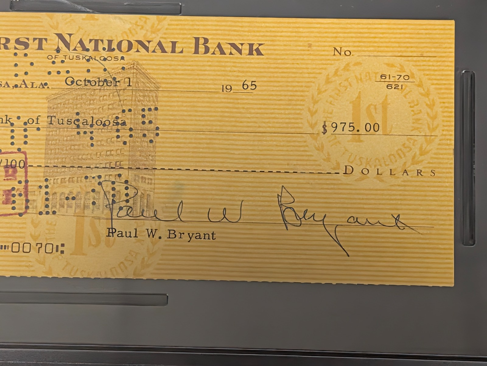 Paul “Bear” Bryant Signed Cancelled Check ALABAMA CRIMSON TIDE HOF 1965 ...