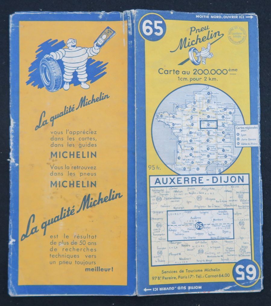 Karte MICHELIN Nr. 65 AUXERRE DIJON 1952 map Mapa Bibendum Reifendum ...