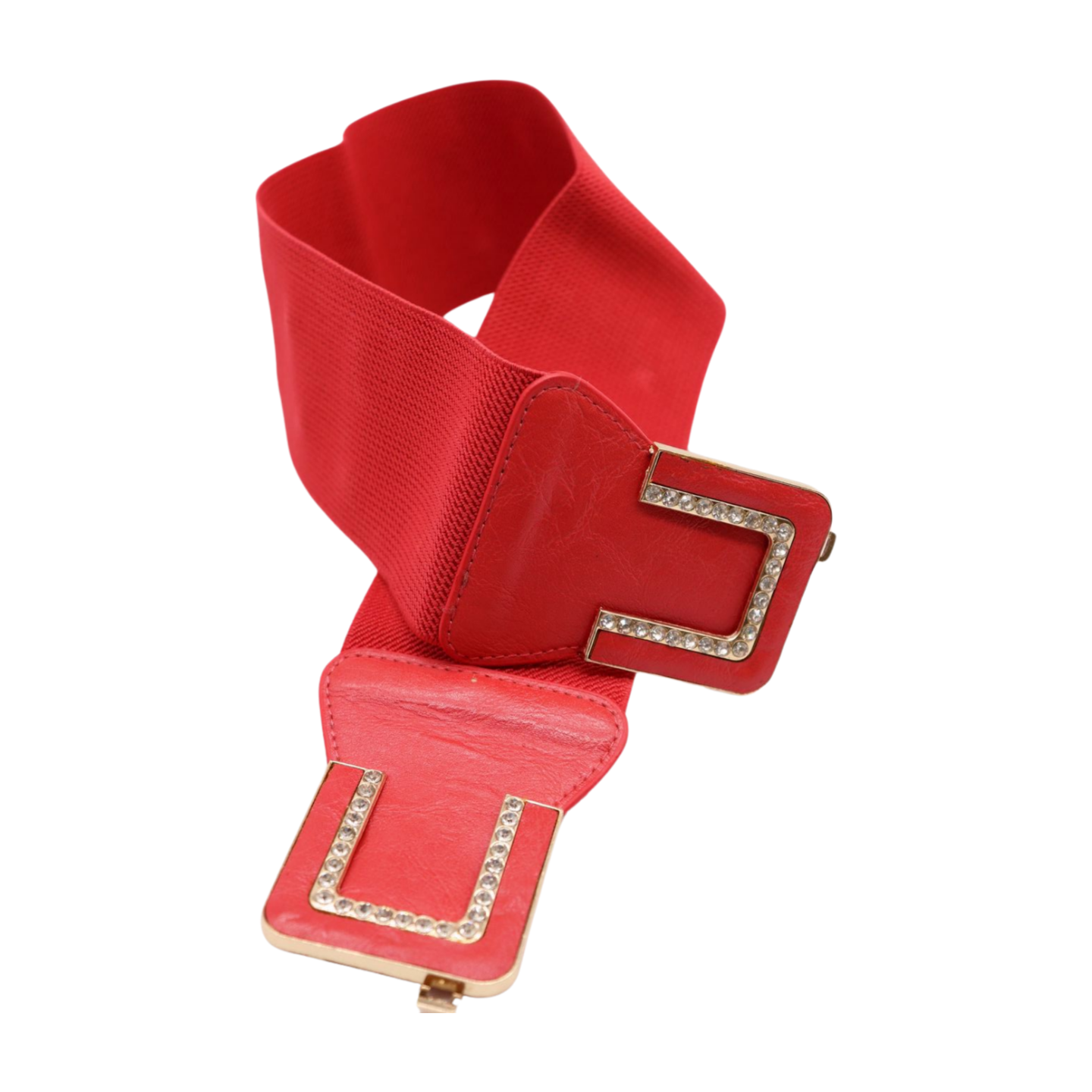 Women Elastic Wide Coral Red Fashion Belt Gold Square Bling Buckle Fit ...