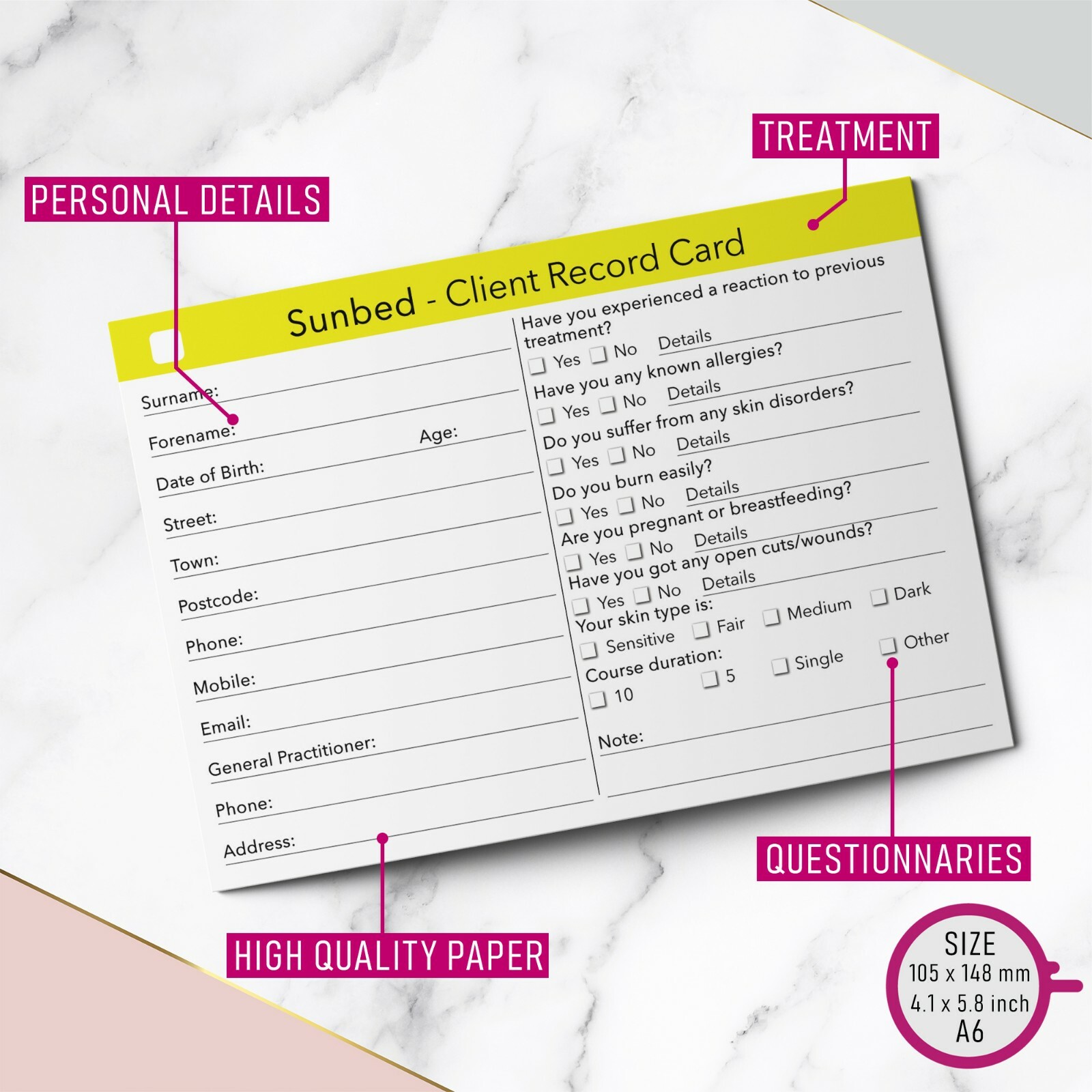 Sunbed Client Record Card Solarium Tanning Consultation Treatment Salon ...