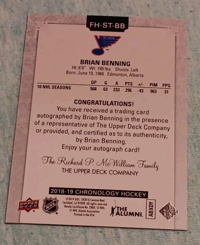 2018-19 BRIAN BENNING FH-ST-BB Auto Autograph Upper Deck Chronology | eBay