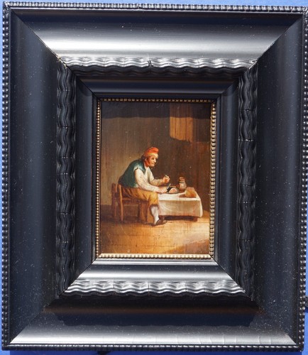 Justus Junker Nachfolge um 1780, Mann am Tisch, kleines Ölbild auf Holz ...