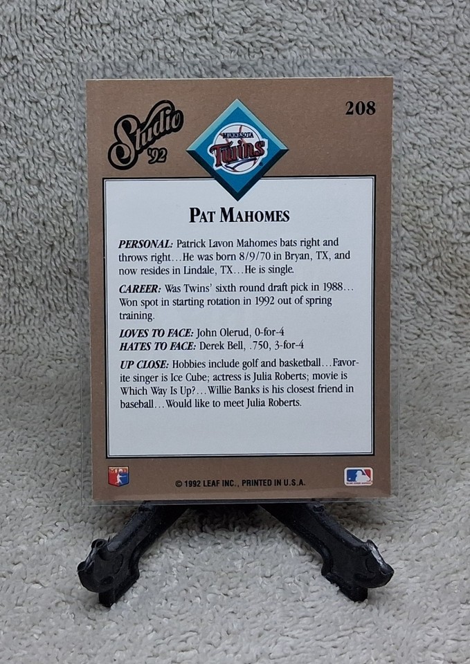 1992 Leaf Studio PAT MAHOMES SR. Rookie Card #208 Father of KC CHIEFS ...