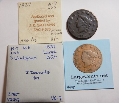 Large cent/penny 1829 Newcomb 7 long pedigree includes Tom Deck and J ...