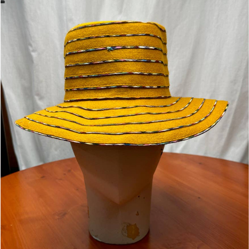 Vintage Wide Brim Yellow Felt and Ribbon Hat - Gem
