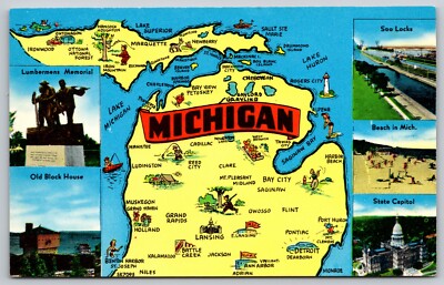 Michigan State Landmarks Pictorial Map Postcard | eBay