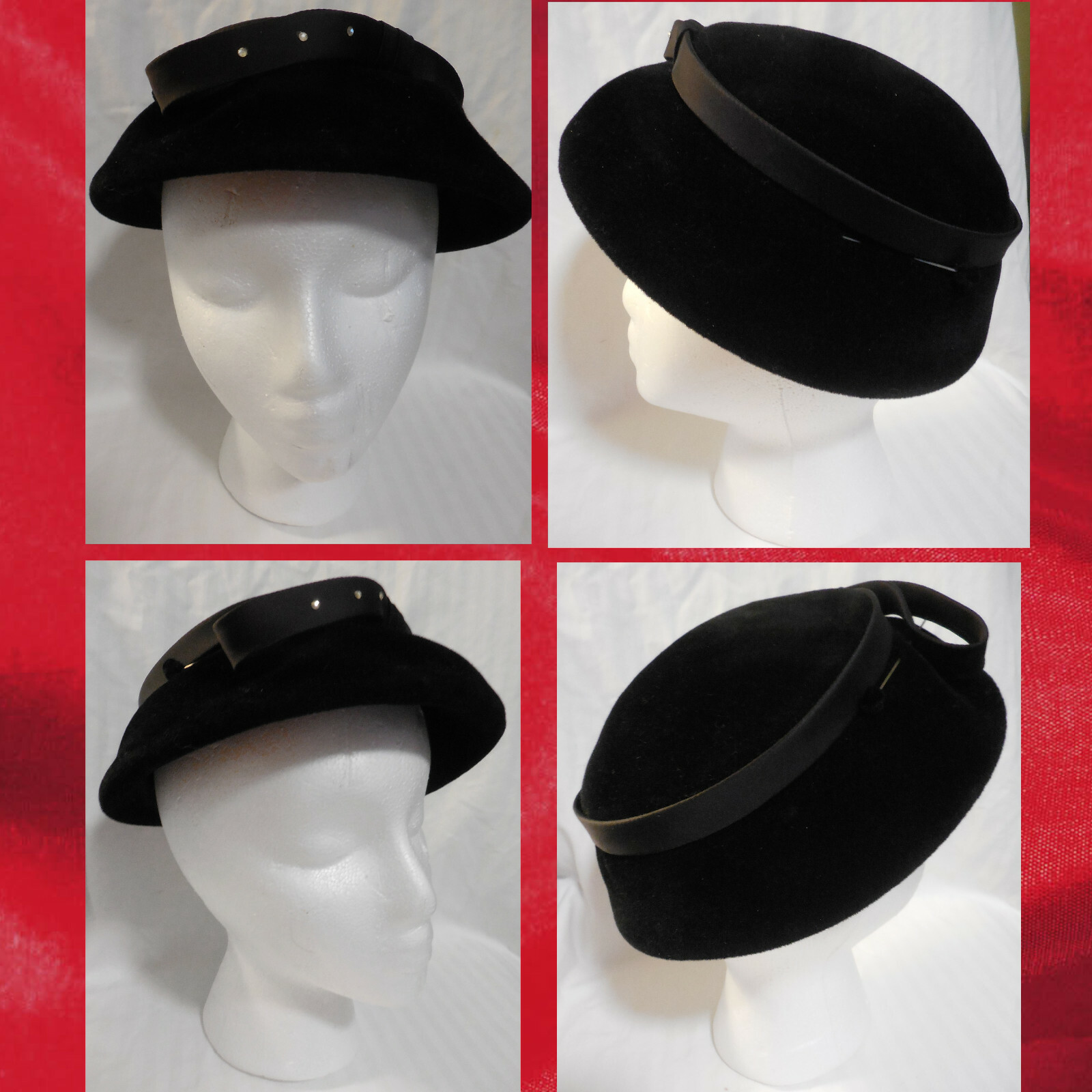 Vintage BONWIT TELLER Ladies Black Velvet Hat w Rhine… - Gem
