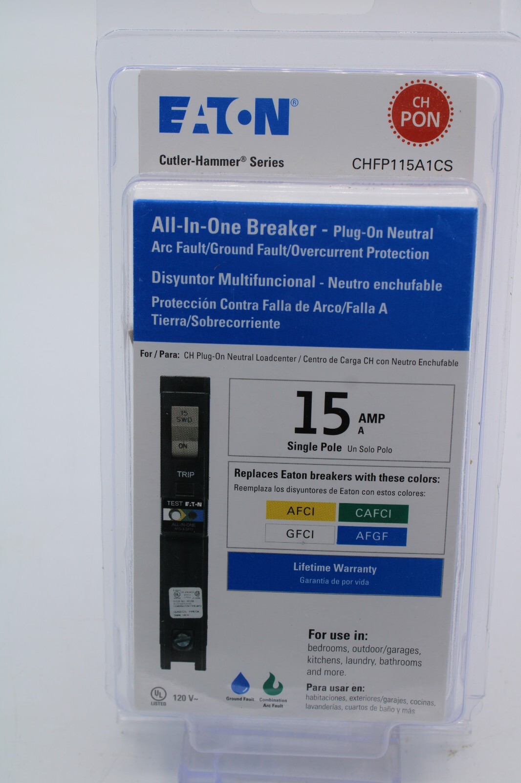 Eaton CH 15-Amp 1-Pole CAFCI/GFCI Circuit Breaker NEW sealed clamshell ...