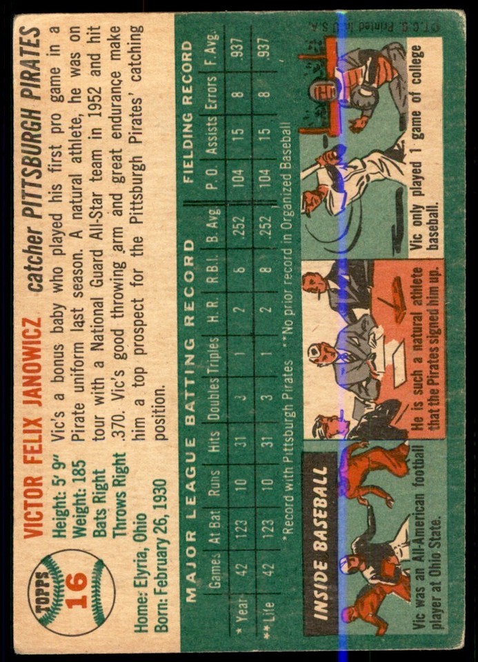 1954 TOPPS VIC JANOWICZ PITTSBURGH PIRATES #16 | eBay