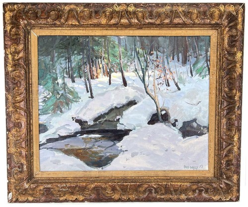 1953 Bob Nally New England Massachusetts Snow Winter Scene Oil on Board ...