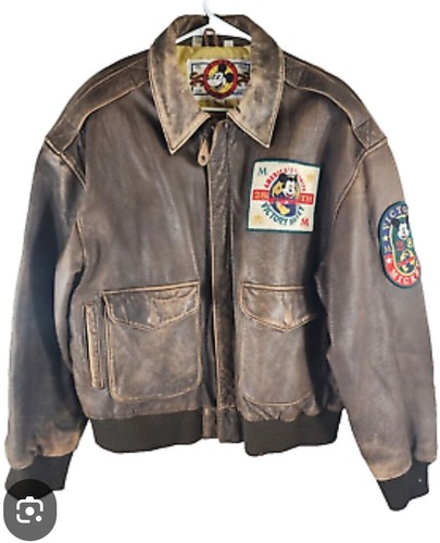 RARE Vintage 90s Disney Victory Mickey Mouse Brown Leather Bomber Pilot ...