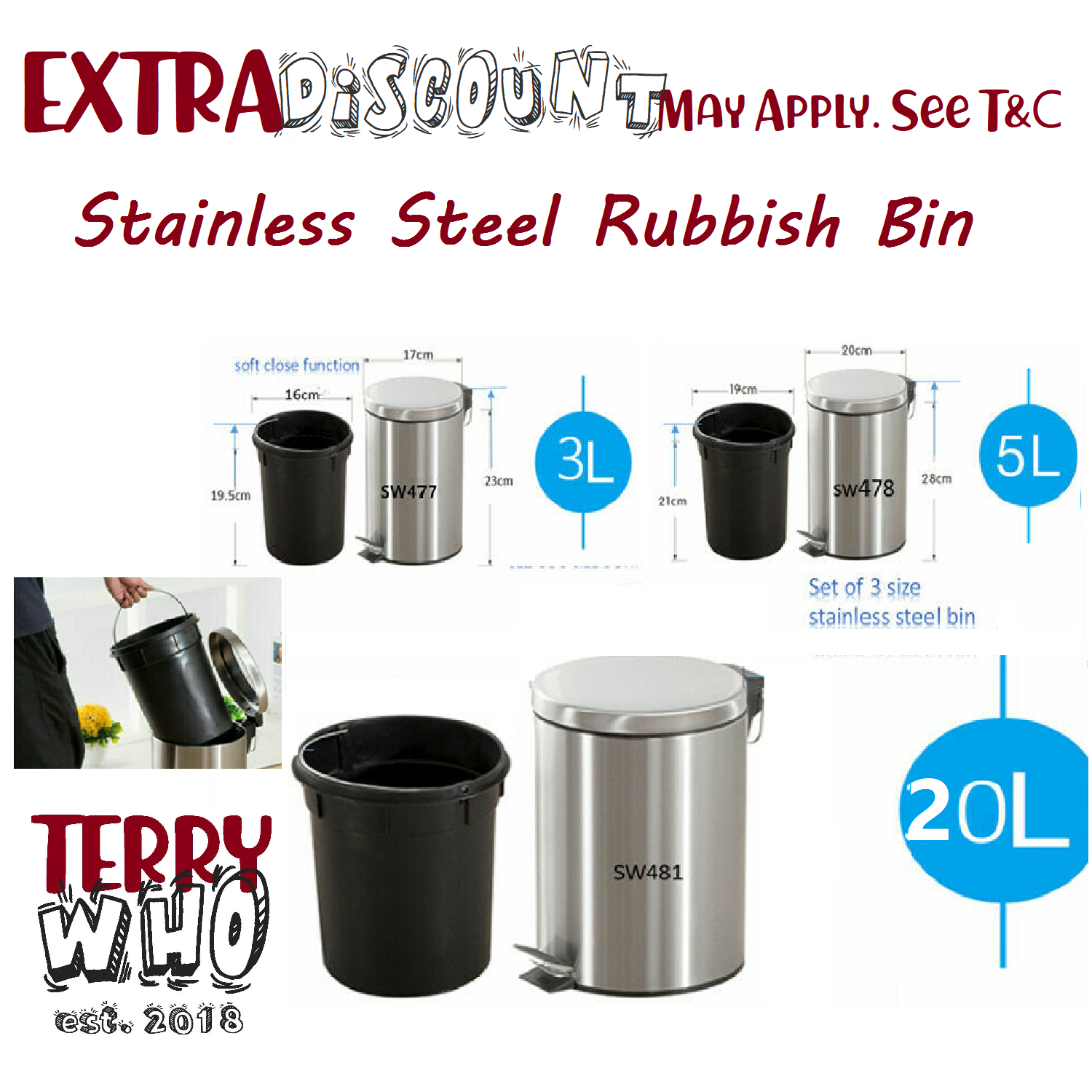 Au Stainless Steel Round Rubbish Bin w/ Handle Trash Waste Garbage Set ...