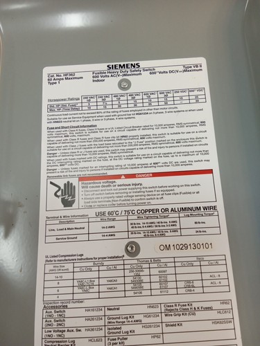 SIEMENS/HF362/DISCONNECT/SWITCH/60A/600A/3p/1R/INDOOR/ fusible/(GN1G6 ...