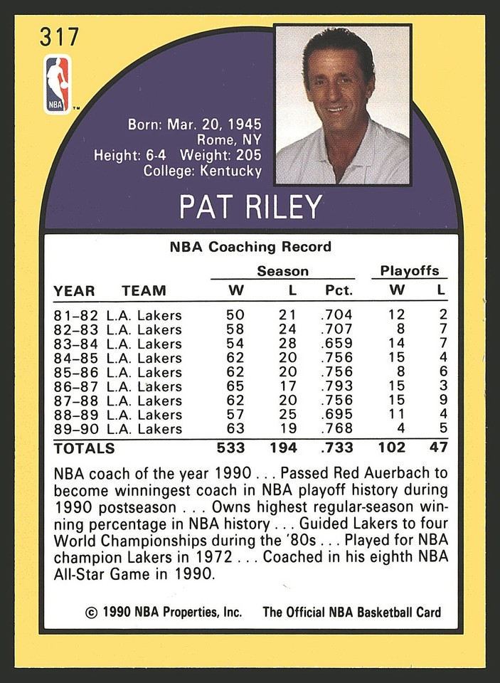 1990 Hoops Pat Riley #317 CO, COY, SP | eBay