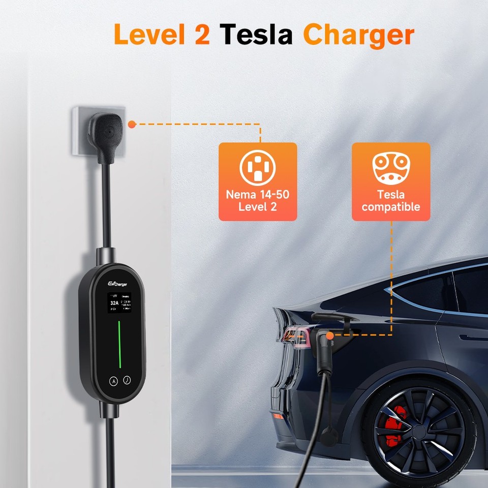 Level 2 EV Charger for Tesla 32A 240V NEMA 14-50P Portable Electric ...