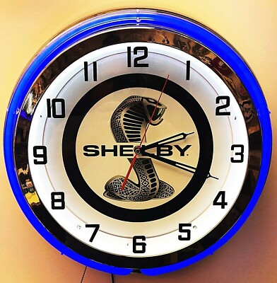 19" Shelby Tiffany Snake Double Neon Chrome Clock Cobra Mustang GT350 ...