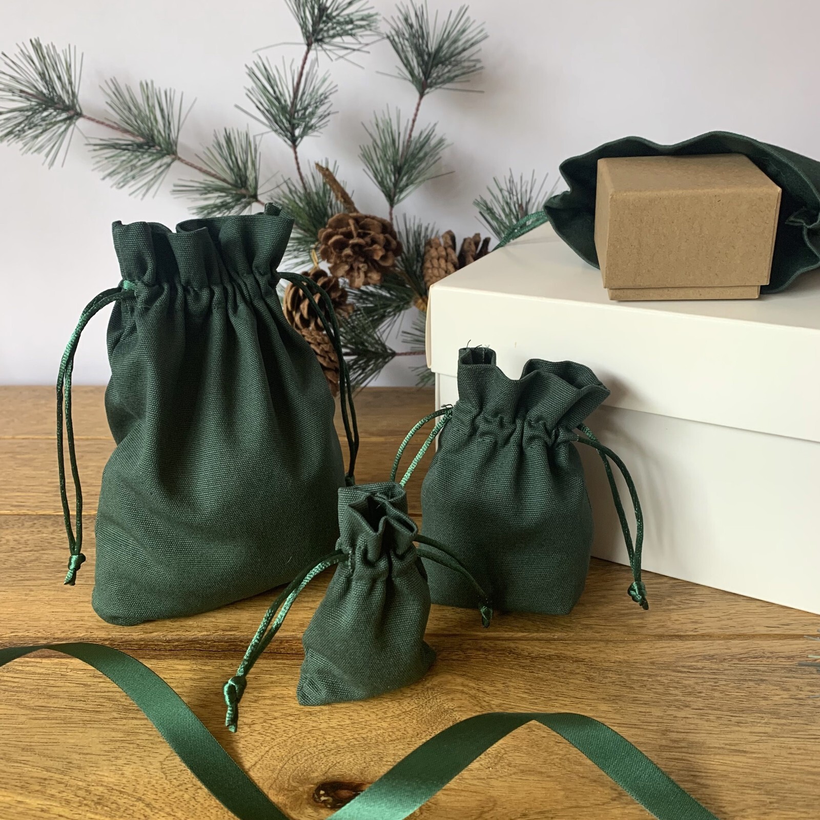 Eco Friendly 100% Cotton Dark Green Drawstring Pouch Gift Bags ...