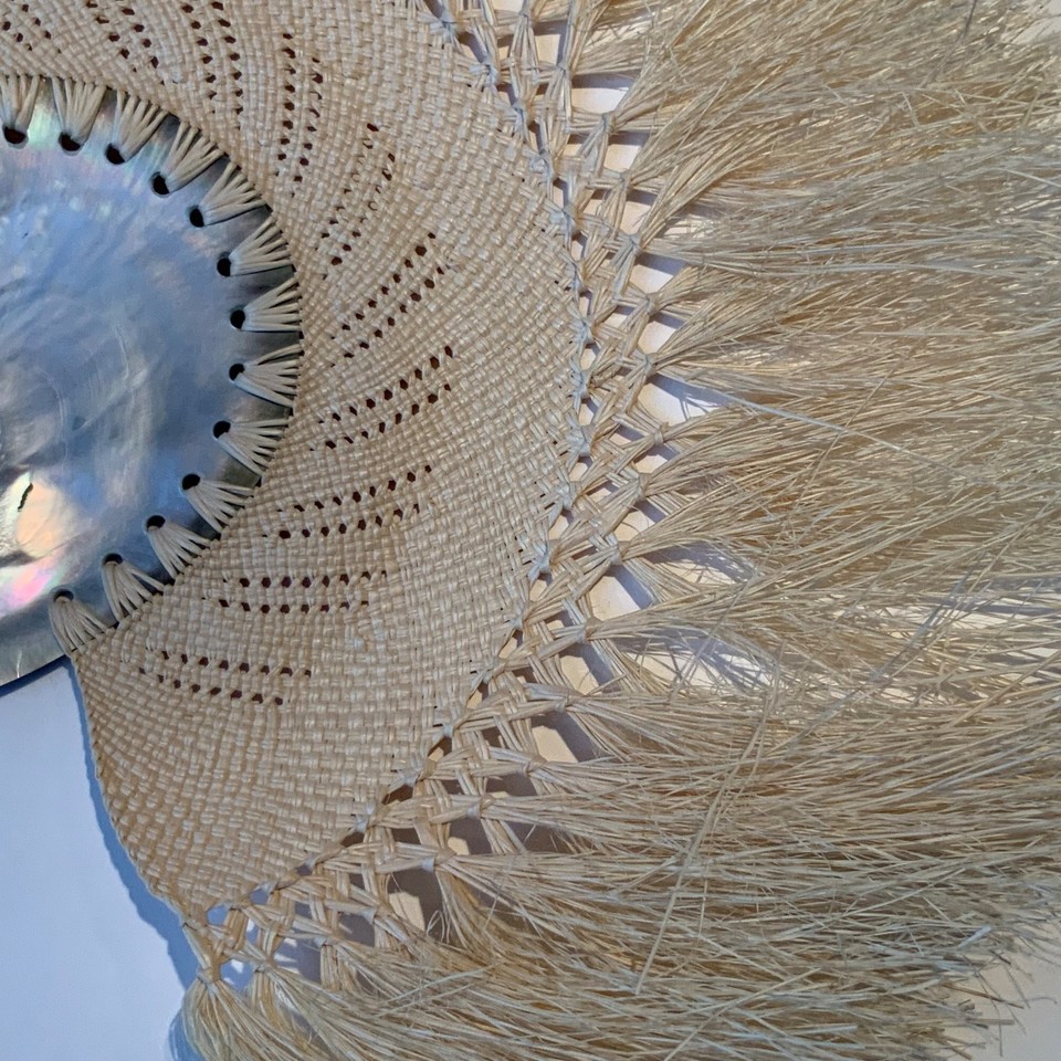 Vtg Rito Fan Cook Islands Hand Woven Palm Leaf Oyster Shell Roratonga ...