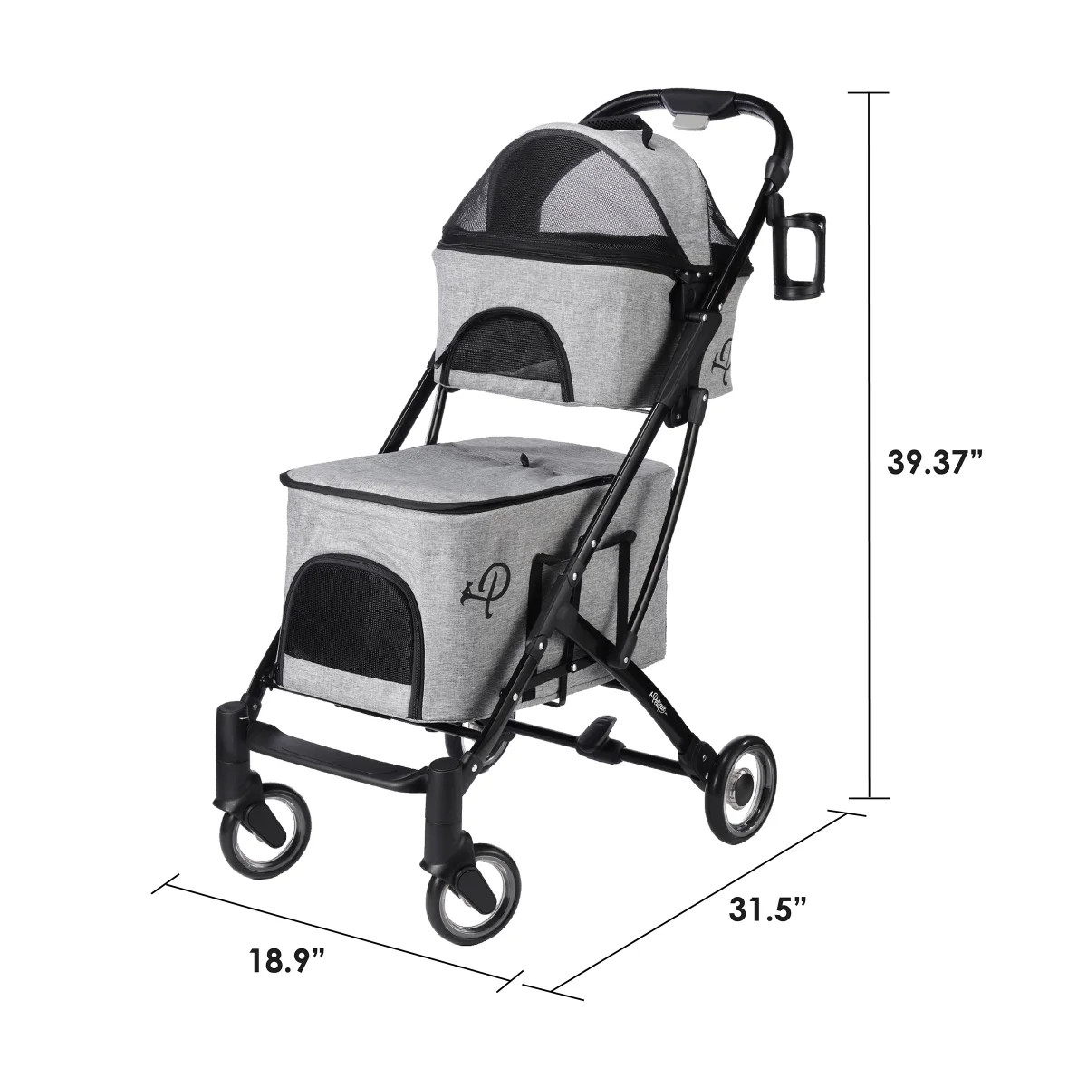 Petique Deluxe Double Decker Gray Pet Stroller With Accessory Bundle ...
