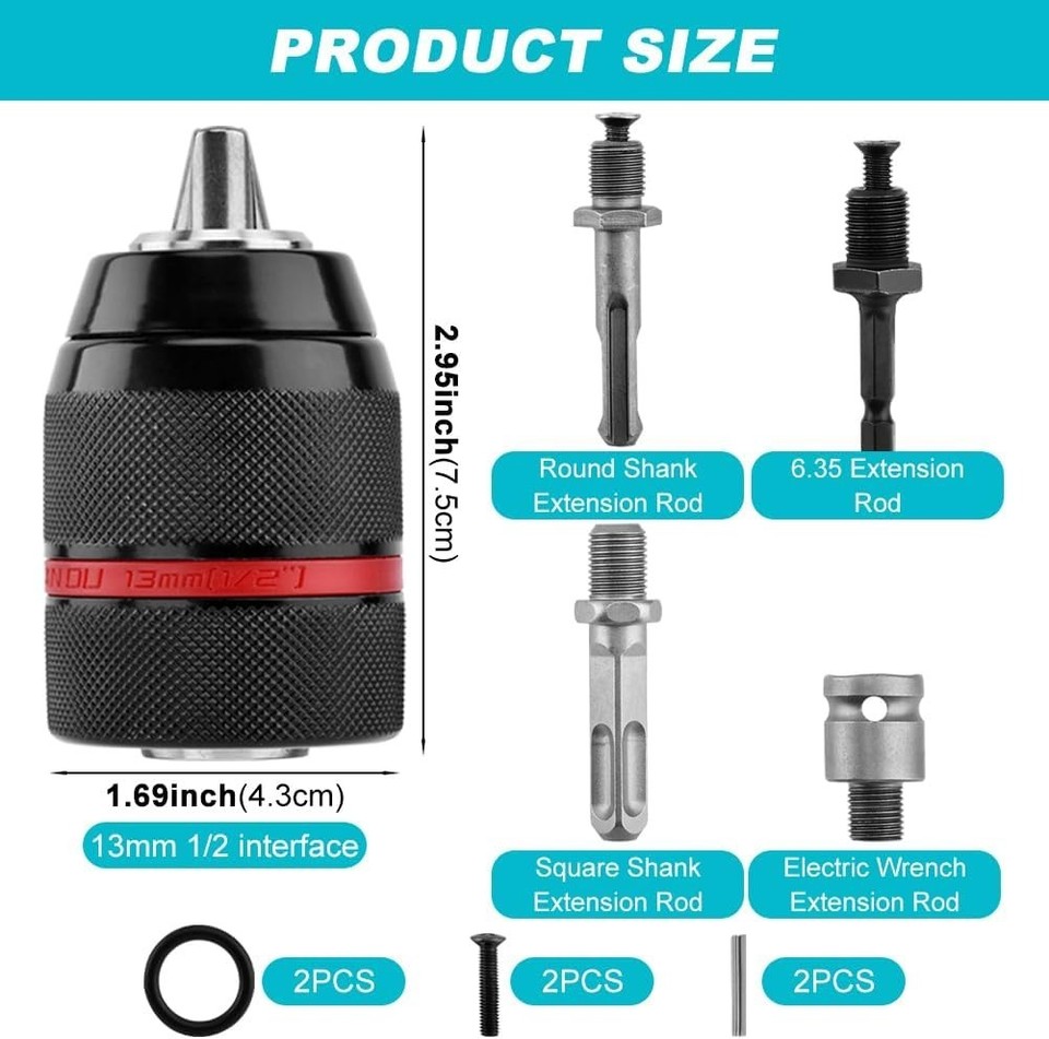Keyless Drill Chuck, 1/2-20UNF Mount 1.5-13mm Self-Tighten Drill Chuck ...